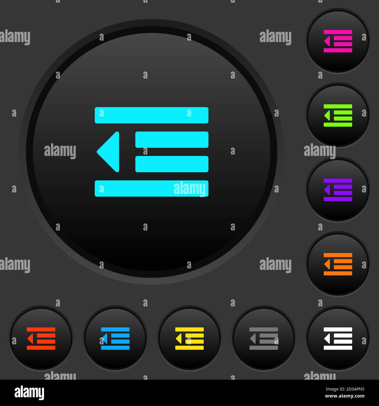 Decrease text indentation dark push buttons with vivid color icons on dark grey background Stock ...