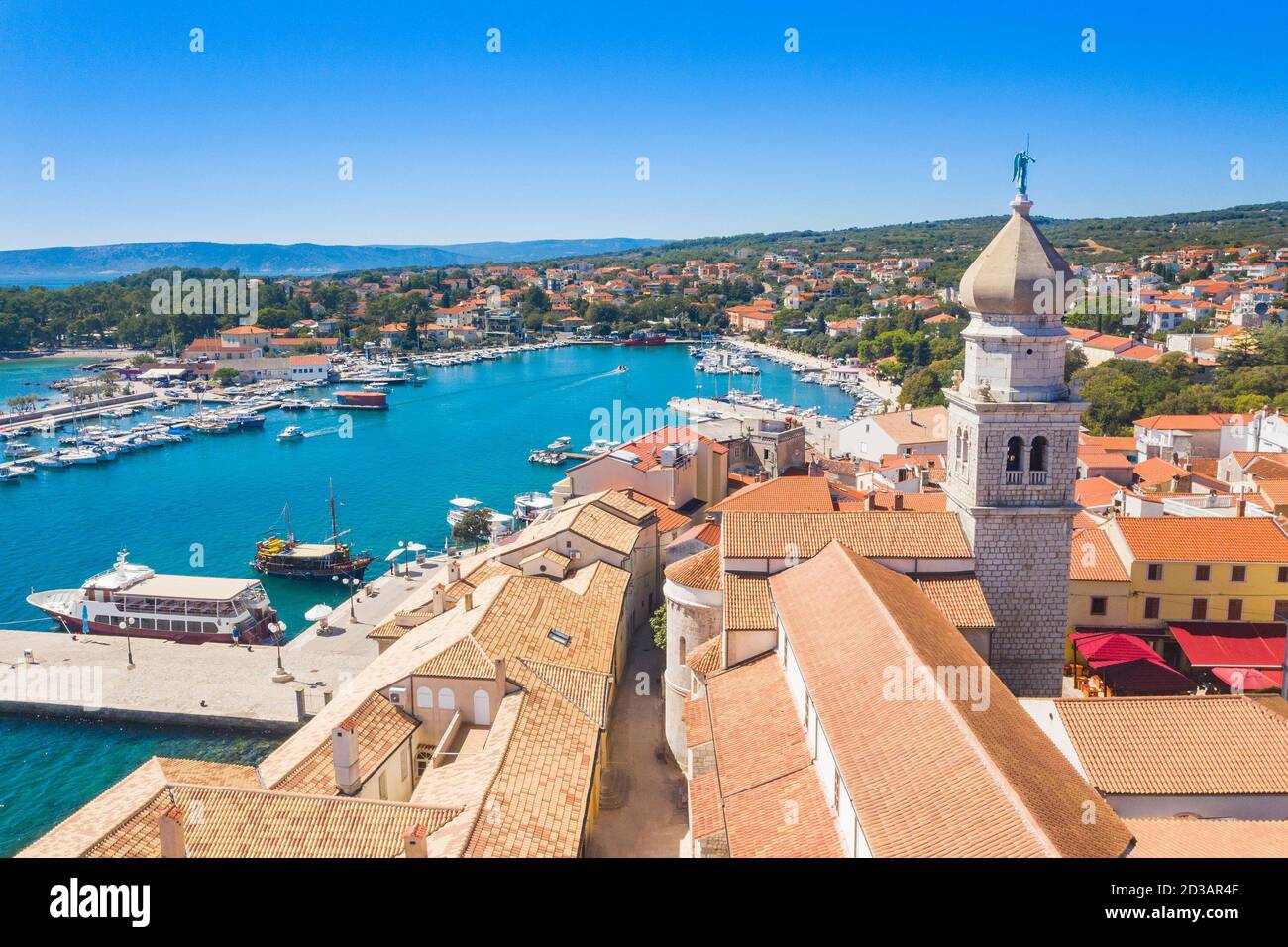 Aerial view of the old town of Krk in Croatia, cathedral tower and ...