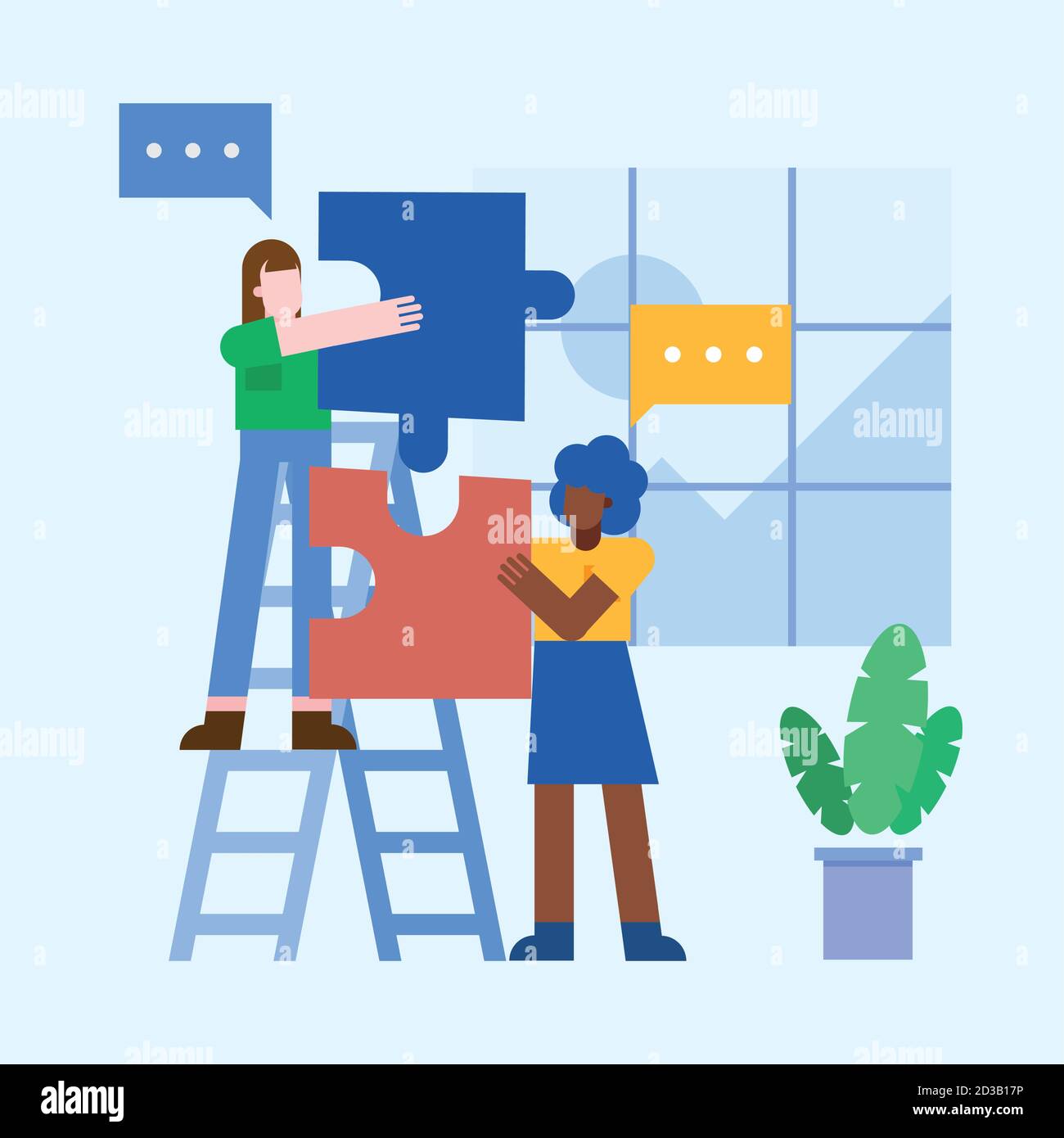 Coworking of women on ladder with bubbles and puzzles at office design ...