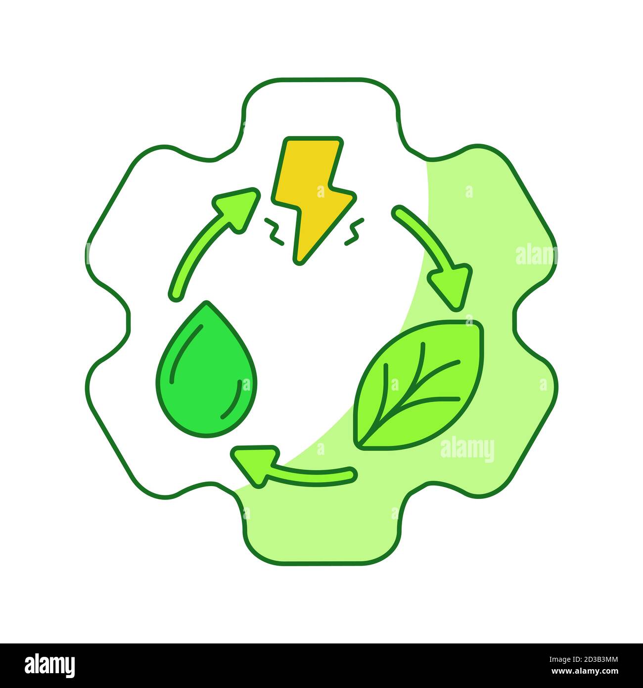 Renewable energy concept gear lightning leaf drop water recycle white ...