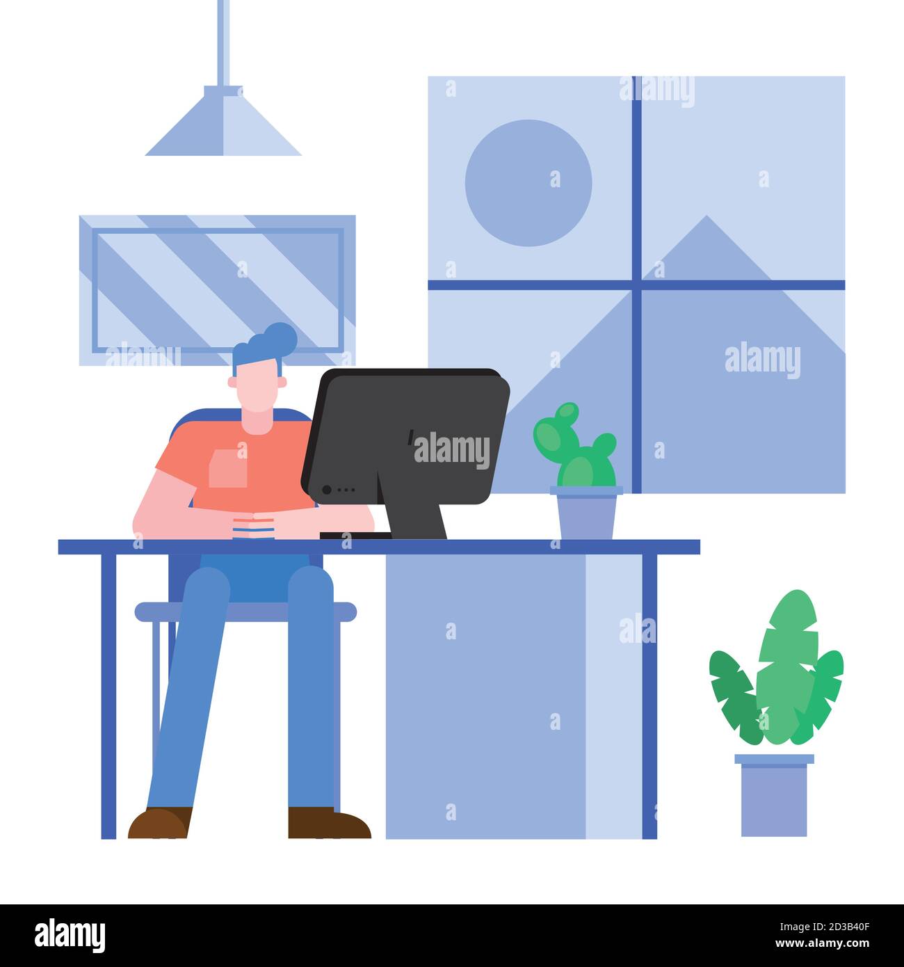 Man with computer at desk working from home design of telecommuting ...