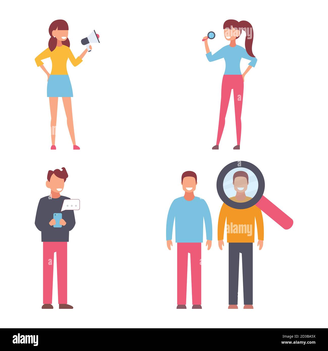 Male and female characters. Flat design vector of people with objects ...