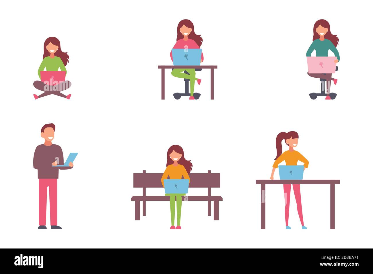 People working on computer and home and in office flat icons isolated ...