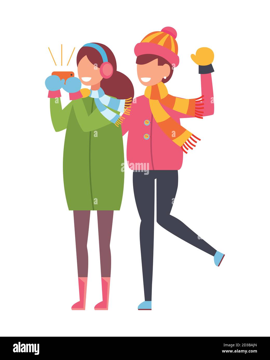 Two friends are photographed in the winter. Vector illustration on ...