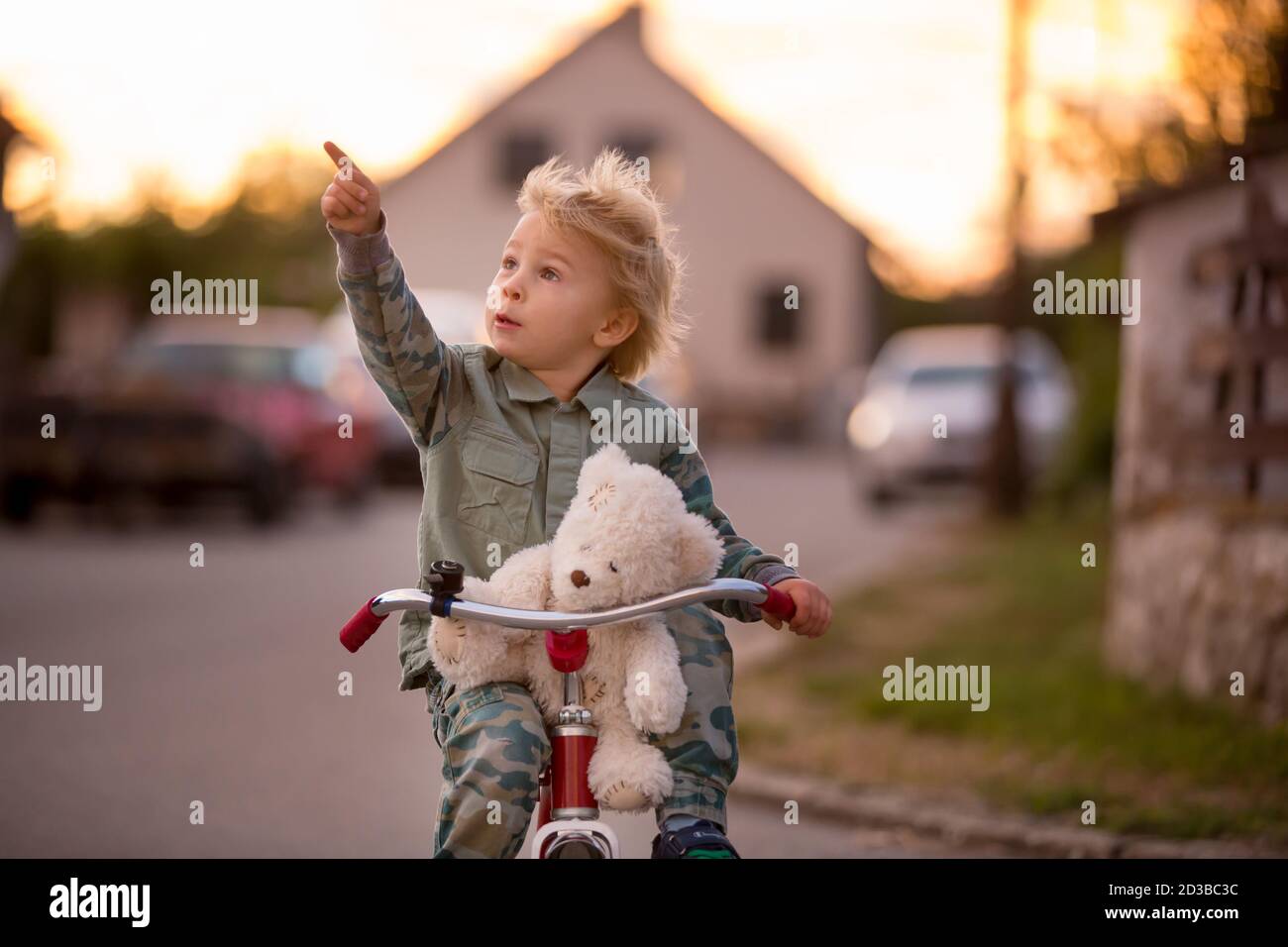 Toddler child, blond boy, riding tricycle in a village small road on ...