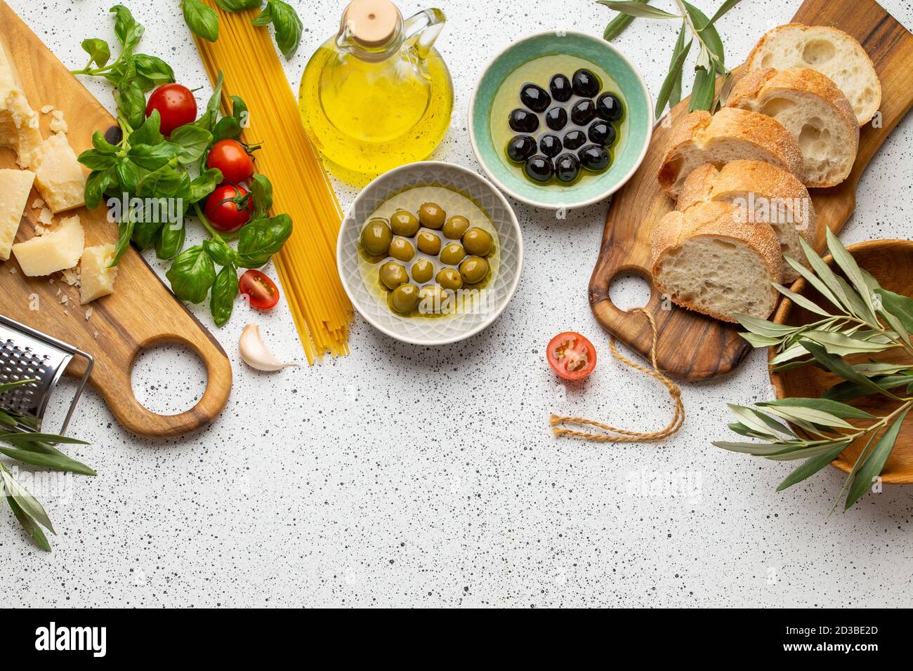 Ingredients and appetizers for Italian or mediterranean meal Stock ...