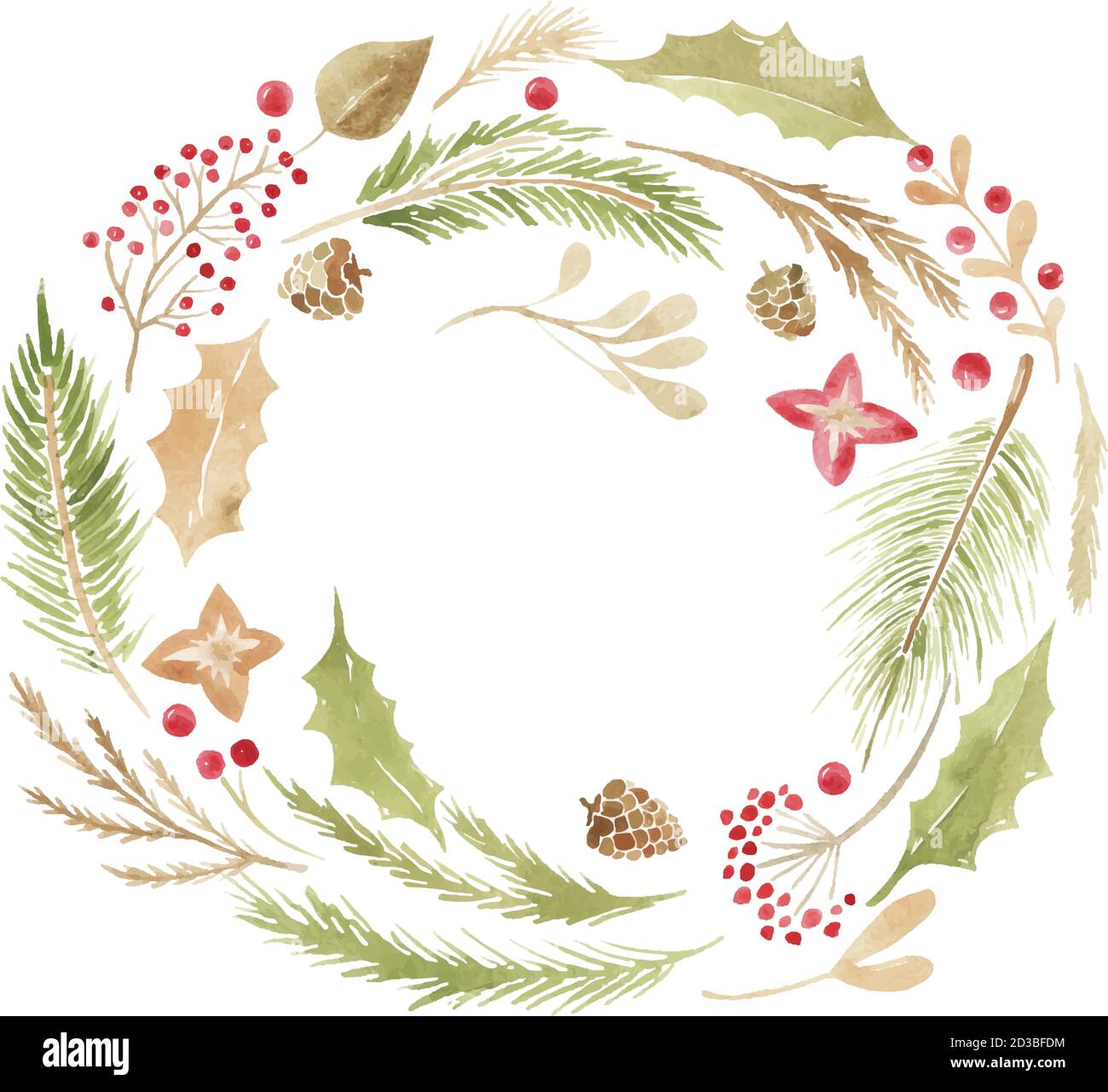 Merry Christmas holiday wreath. Winter floral frame. Gold hand ...