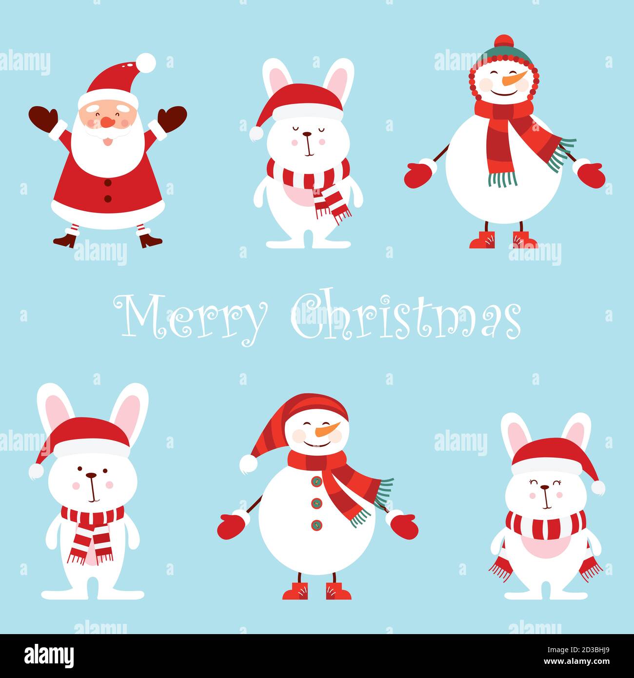 Santa Claus, two funny snowmen, three hares, cartoon set vector set ...