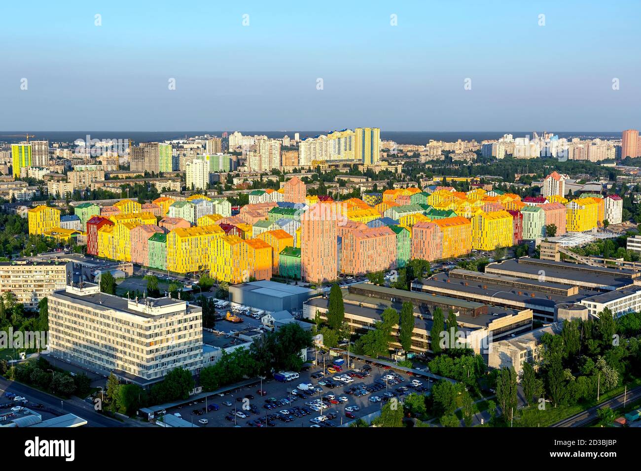 Colored rainbow houses in Kiev aerial view. Panorama Stock Photo - Alamy