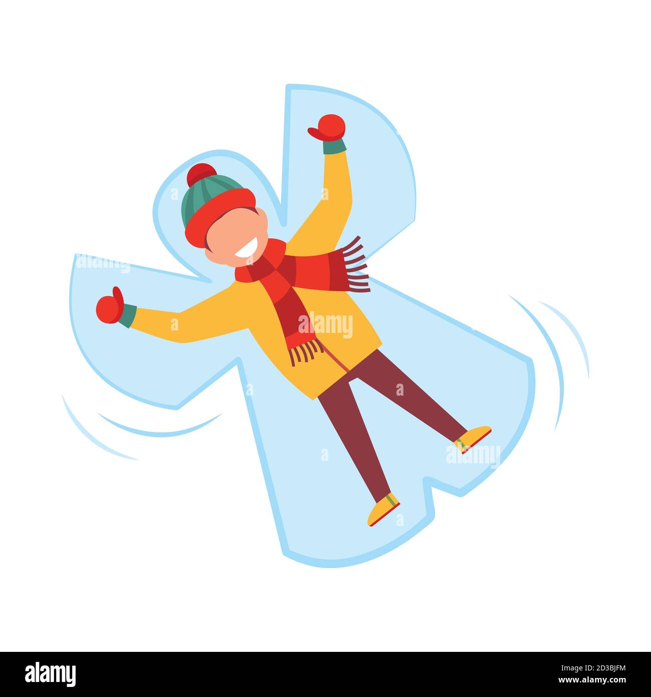 Happy boy lying in the snow makes a snow angel. Vector illustration on ...