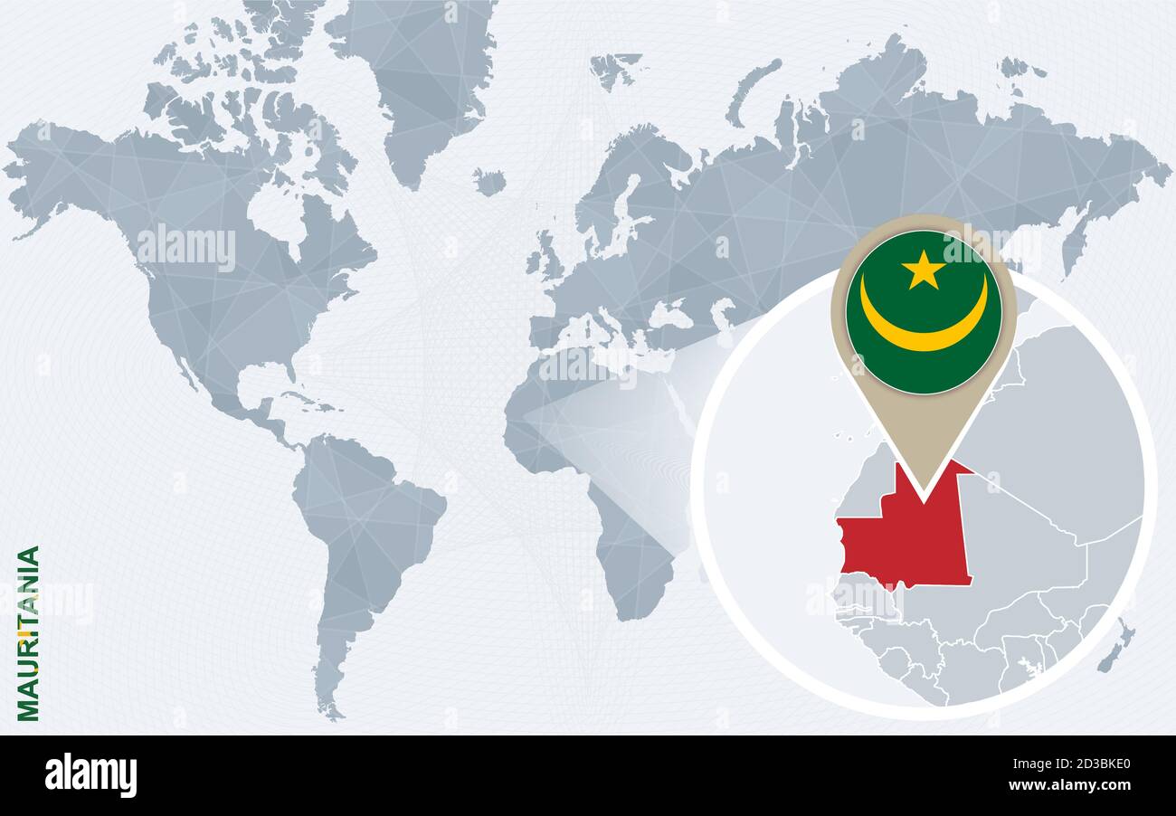 Abstract Blue World Map With Magnified Mauritania Mauritania Flag And