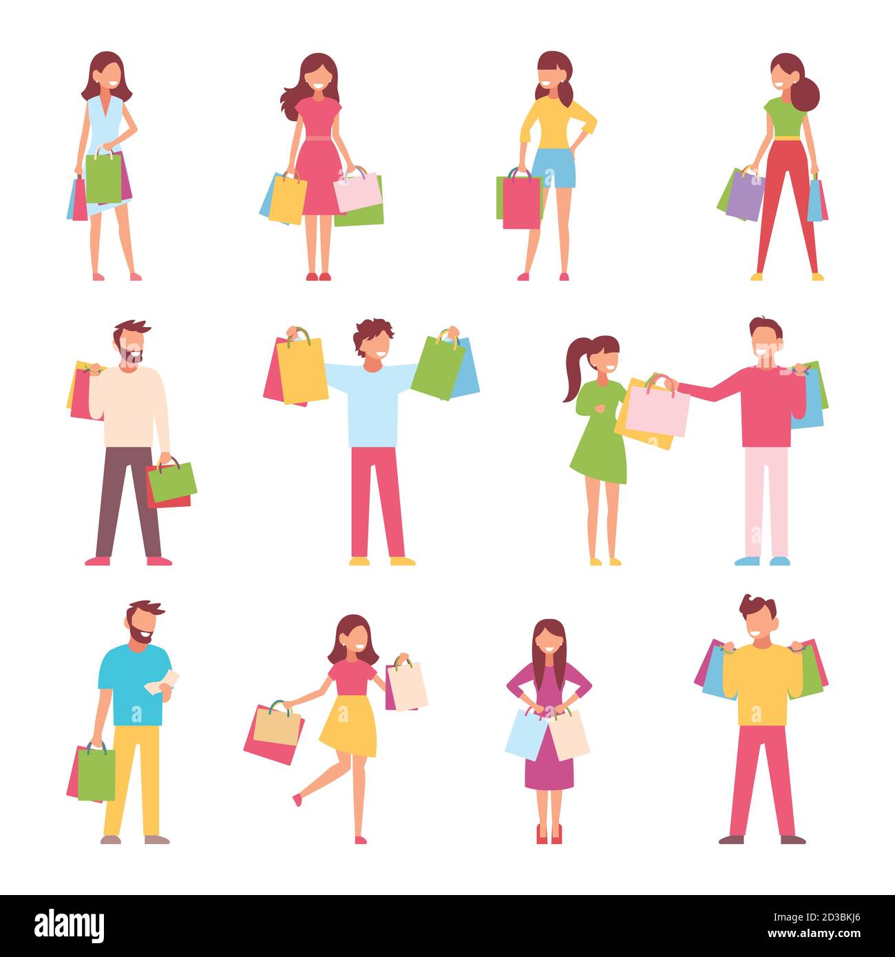 A set of characters and purchases of people with packages. Vector ...