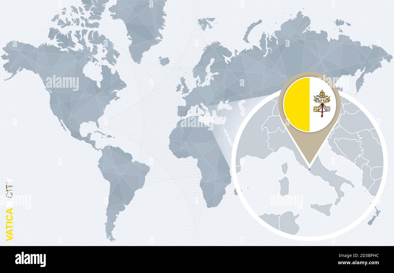 Abstract blue world map with magnified Vatican City. Vatican City flag and map. Vector ...