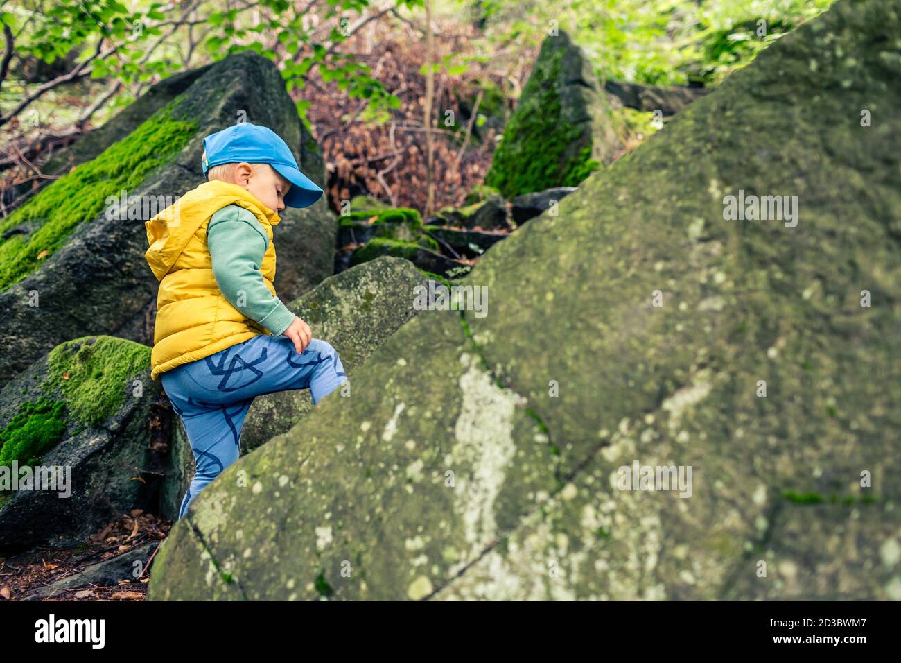 Little boy hiking and climbing in mountains, family adventure. Small ...