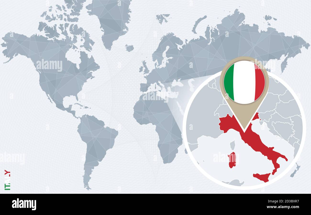 Abstract blue world map with magnified Italy. Italy flag and map ...
