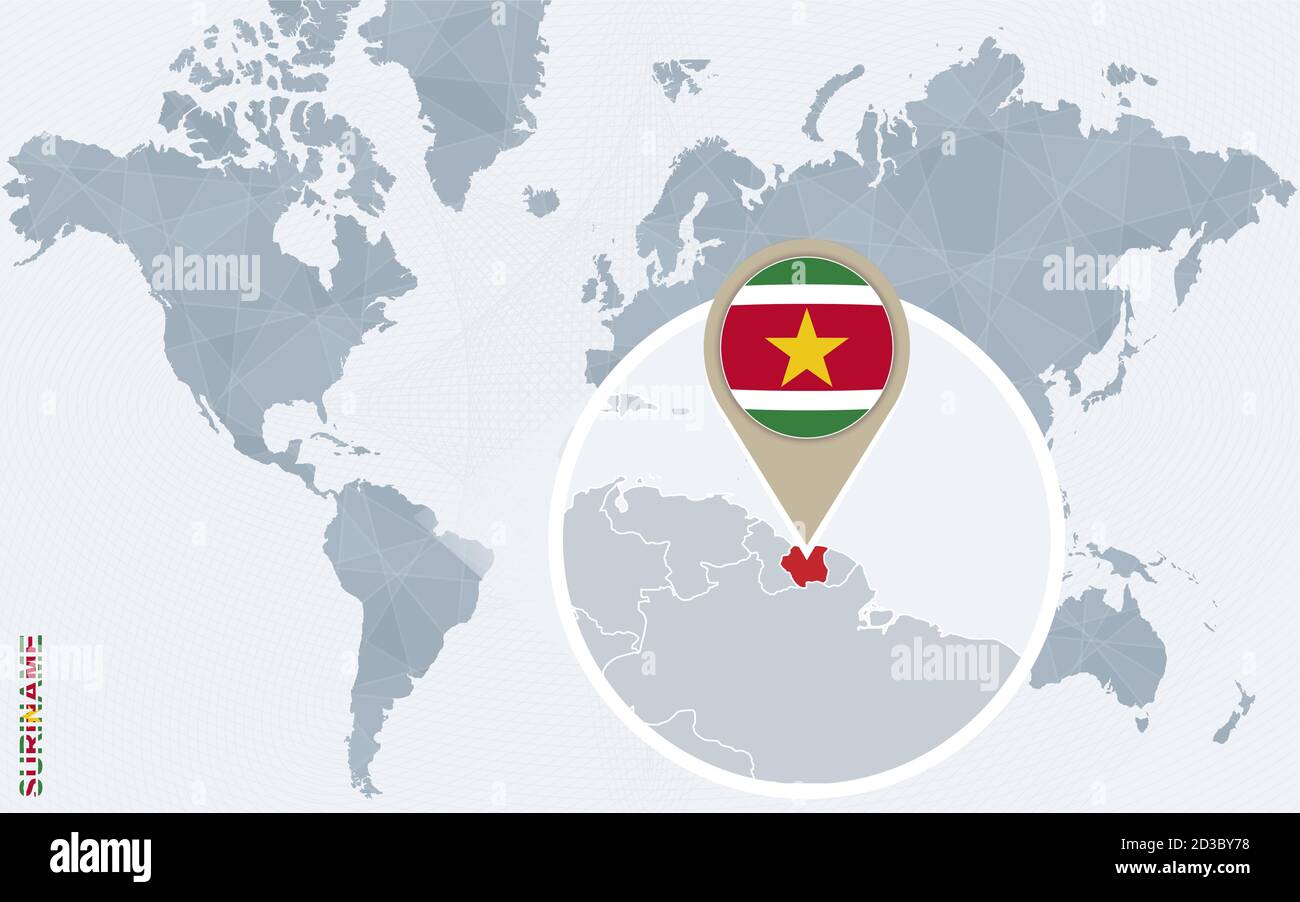 Abstract Blue World Map With Magnified Suriname Suriname Flag And Map