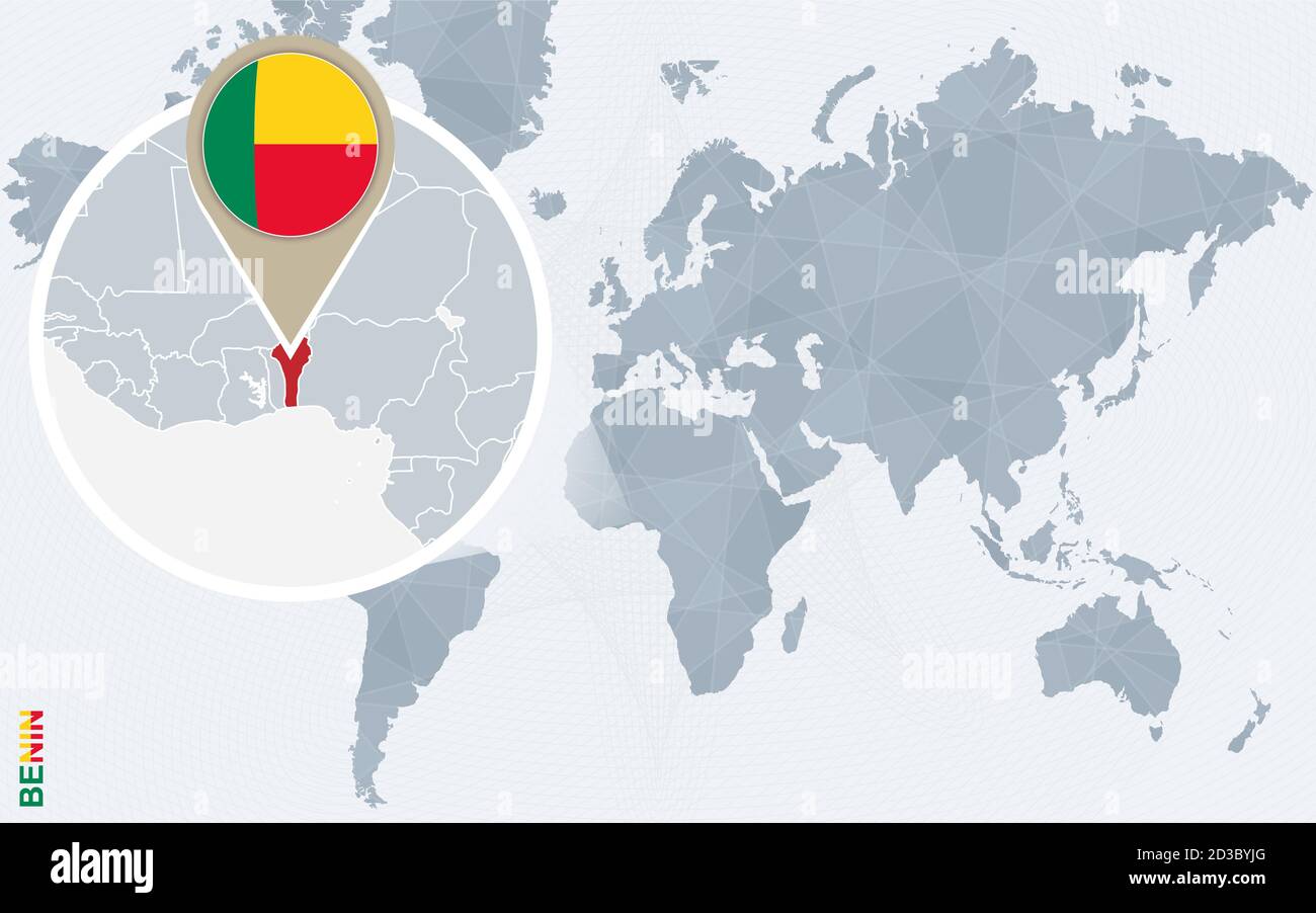 Abstract Blue World Map With Magnified Benin Benin Flag And Map
