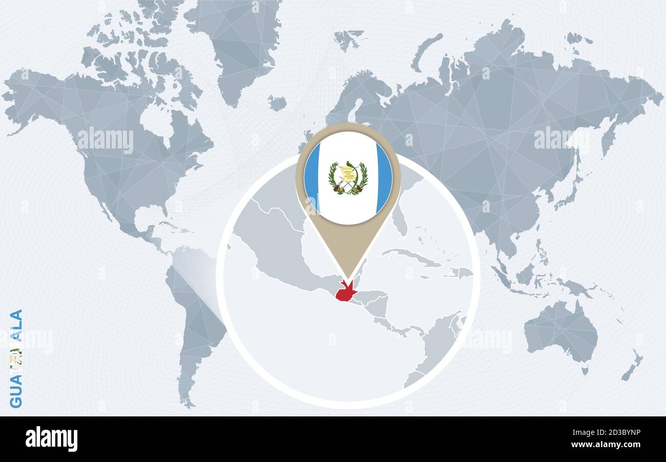 Abstract blue world map with magnified Guatemala. Guatemala flag and ...