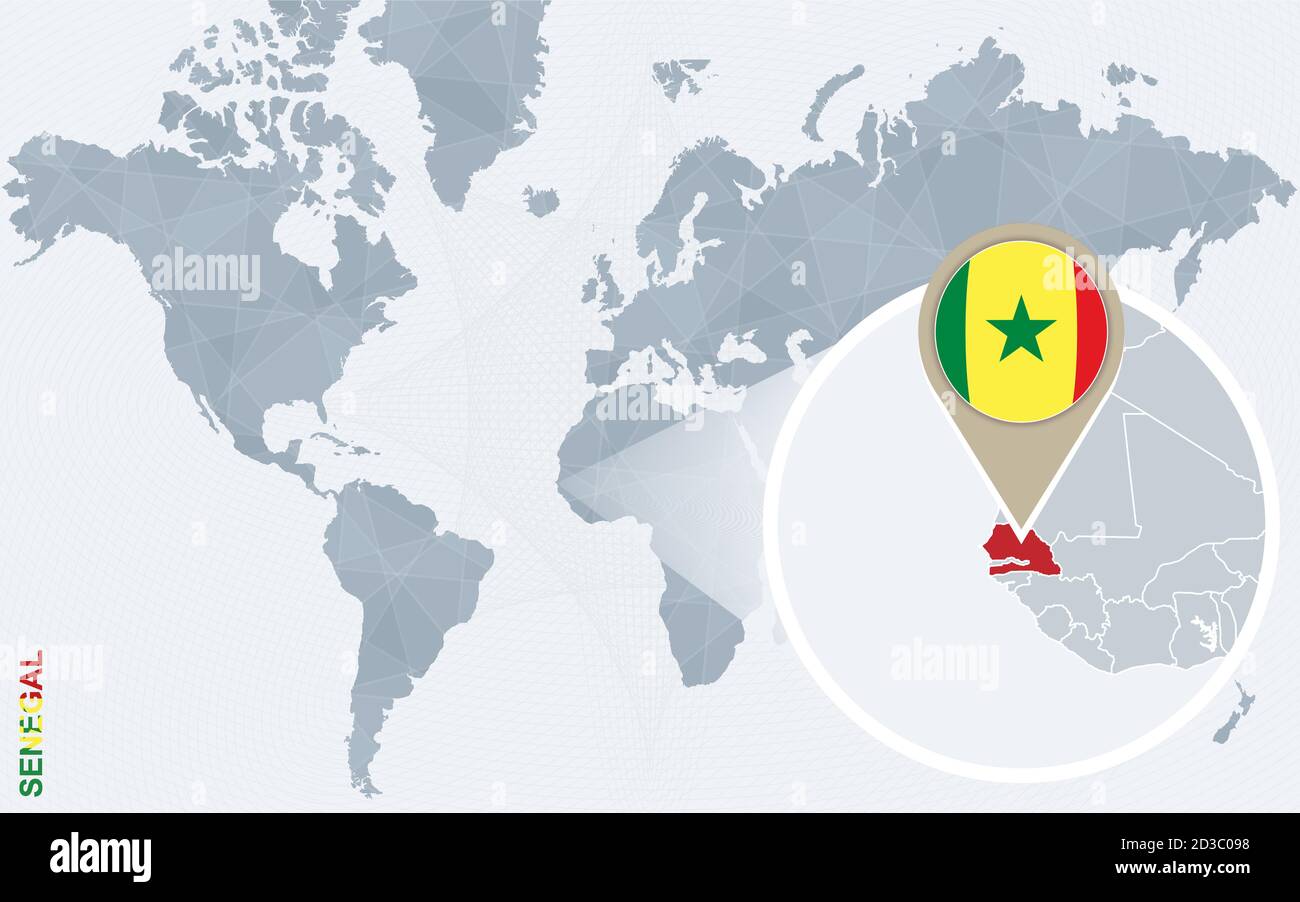 Abstract blue world map with magnified Senegal. Senegal flag and map. Vector Illustration Stock ...
