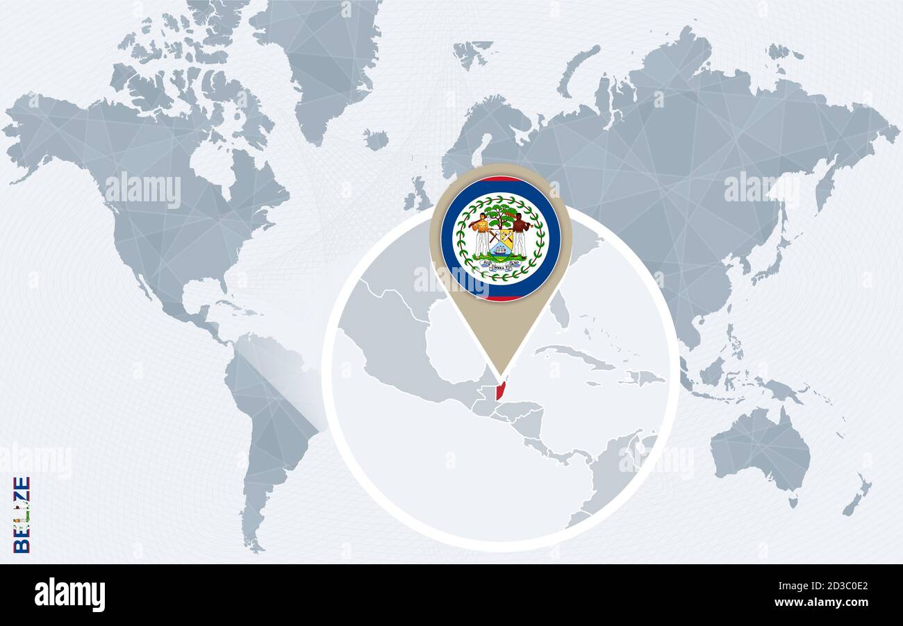 Abstract blue world map with magnified Belize. Belize flag and map. Vector Illustration Stock ...