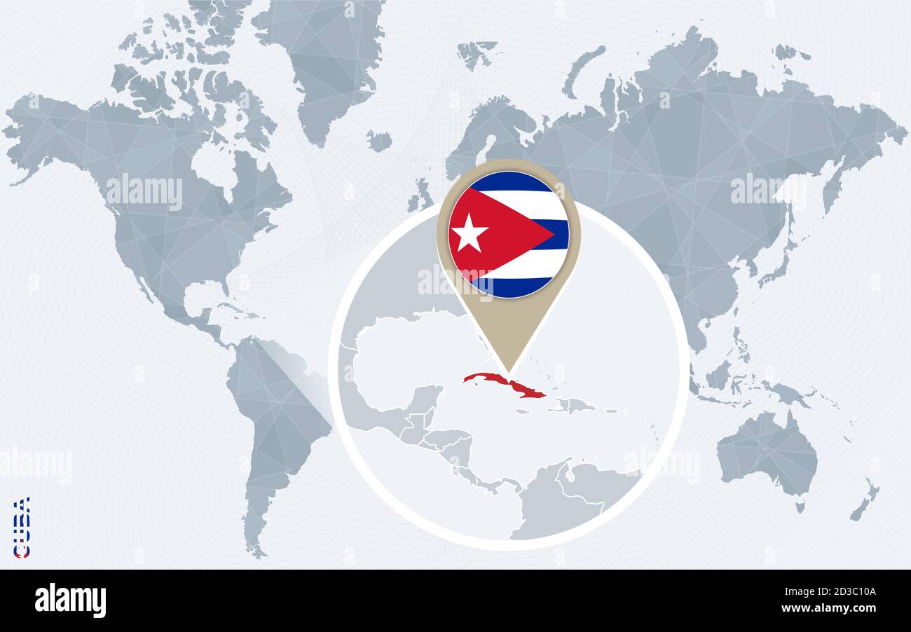 Abstract blue world map with magnified Cuba. Cuba flag and map. Vector ...