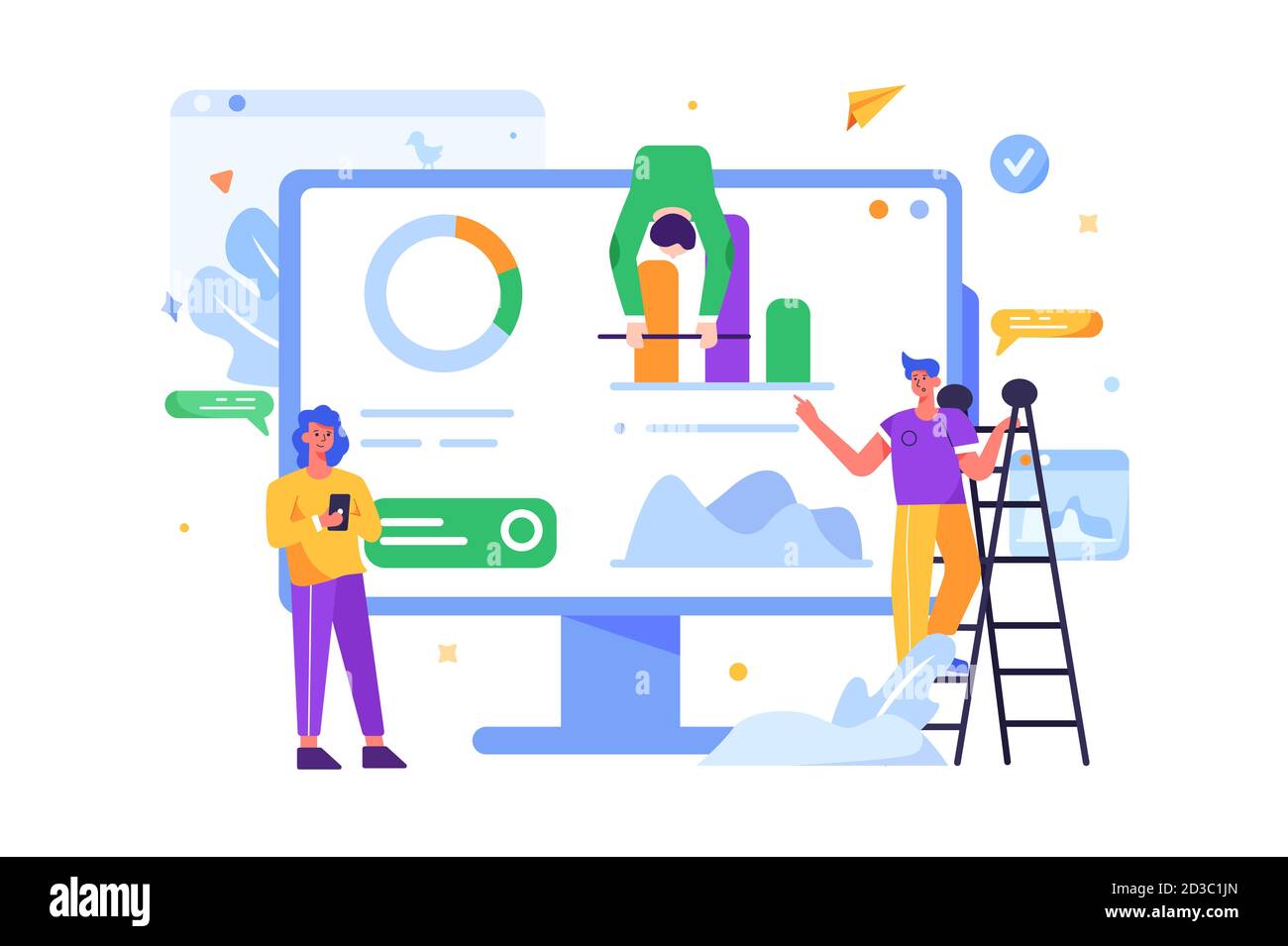 Teamwork of people with schedules and tasks on the monitor display ...