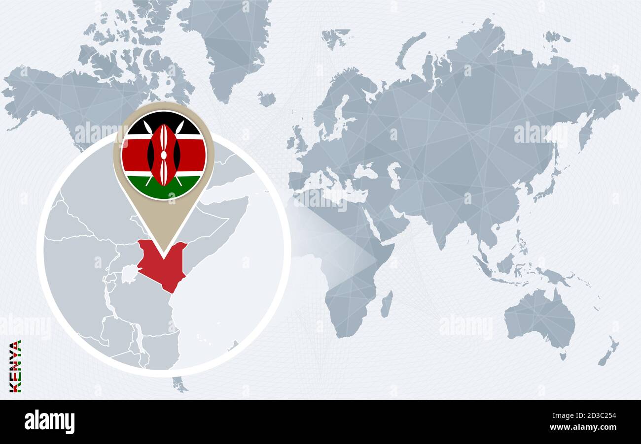Abstract blue world map with magnified Kenya. Kenya flag and map ...