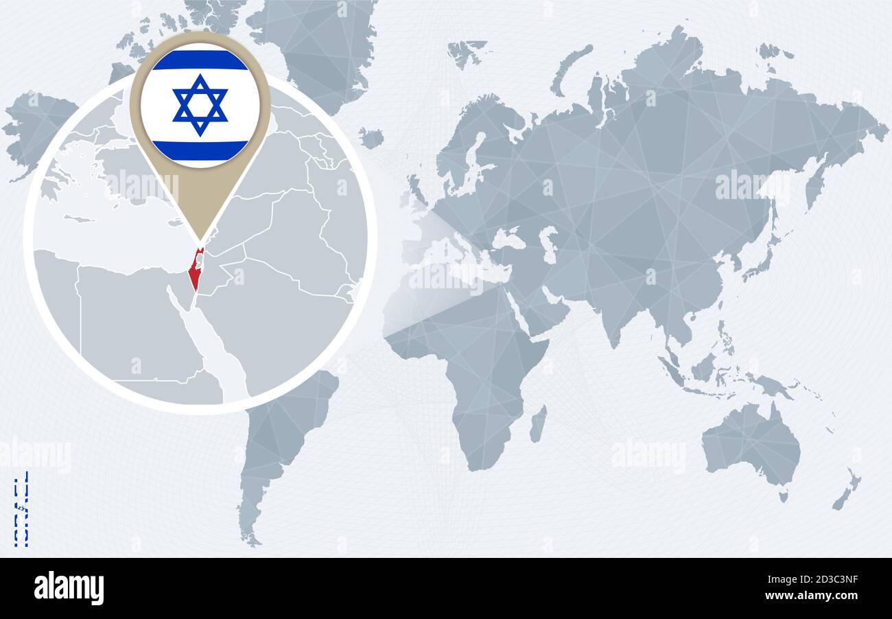 Abstract blue world map with magnified Israel. Israel flag and map ...