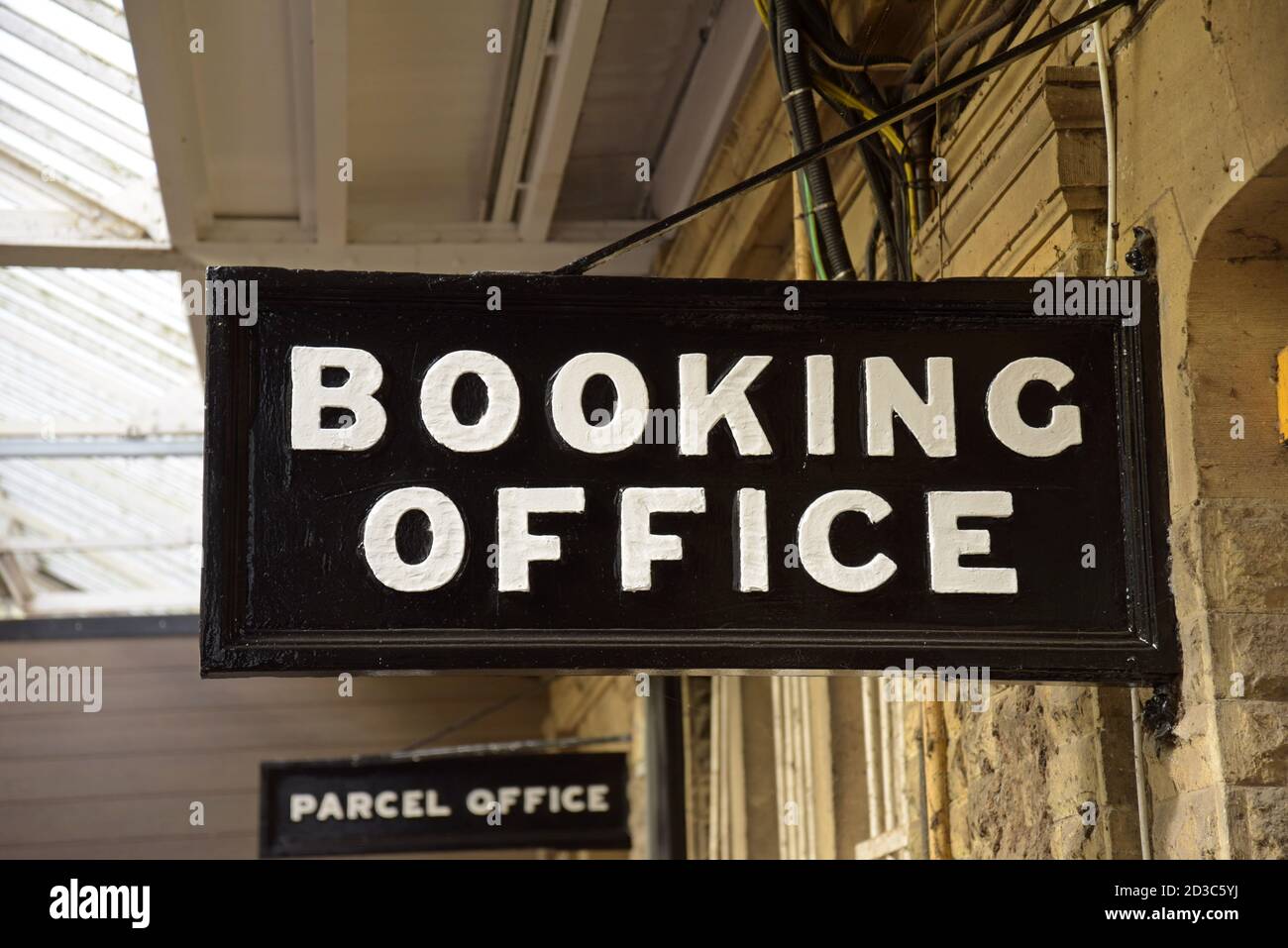 Vintage Booking office sign on the platform at at Hebden Bridge Railway ...