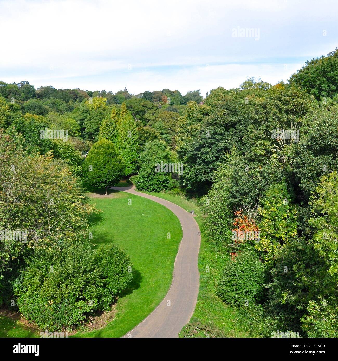 A birds eye view of a meandering path in a mature parkland with grass ...