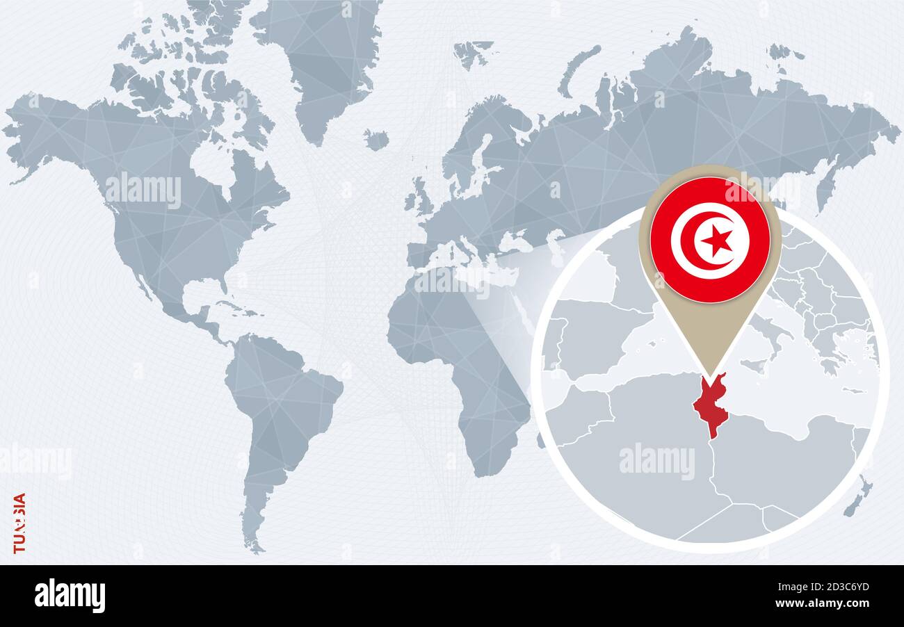 Abstract blue world map with magnified Tunisia. Tunisia flag and map ...