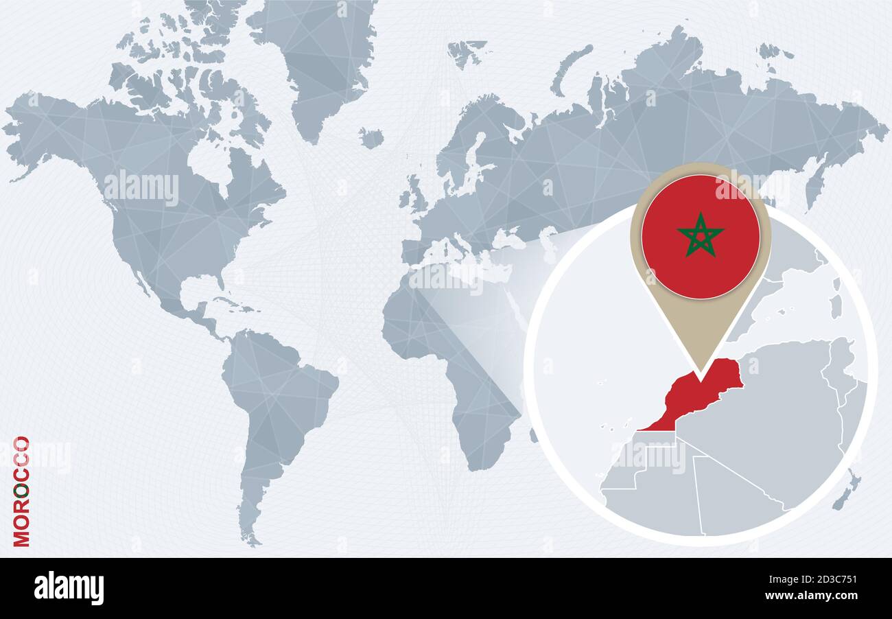 Abstract blue world map with magnified Morocco. Morocco flag and map ...