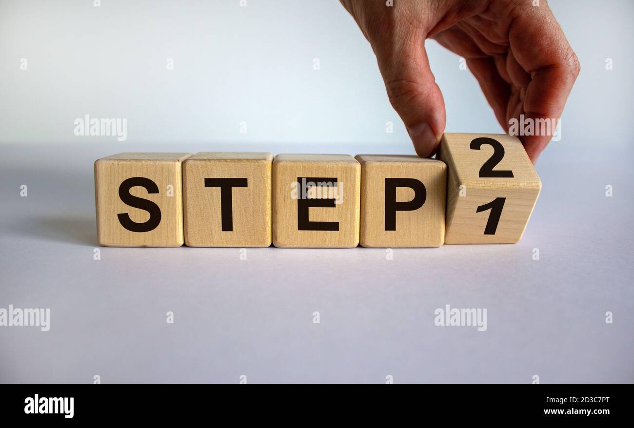 Step by step. Hand turns a cubes and changes the expression 'step 1' to ...