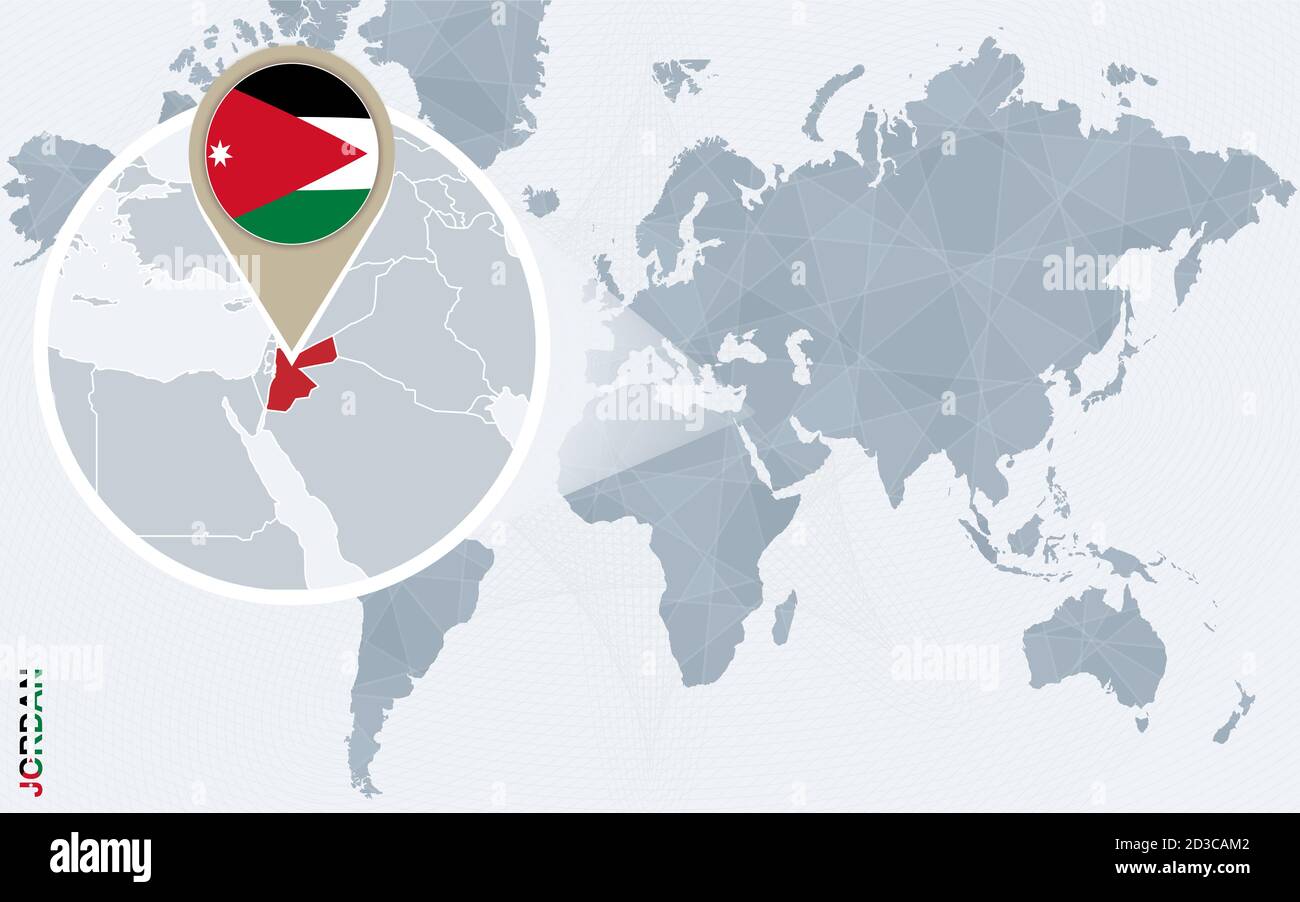Abstract blue world map with magnified Jordan. Jordan flag and map ...