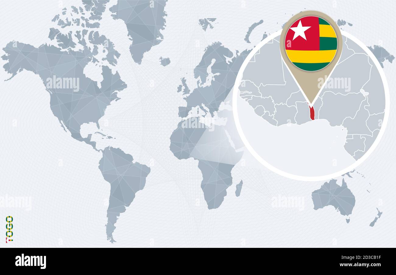 Abstract blue world map with magnified Togo. Togo flag and map. Vector ...