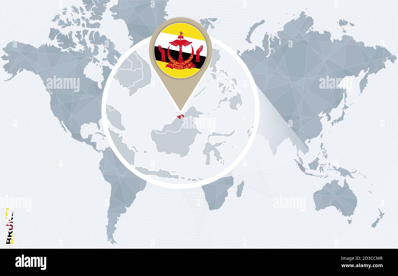 Abstract blue world map with magnified Brunei. Brunei flag and map. Vector Illustration Stock ...