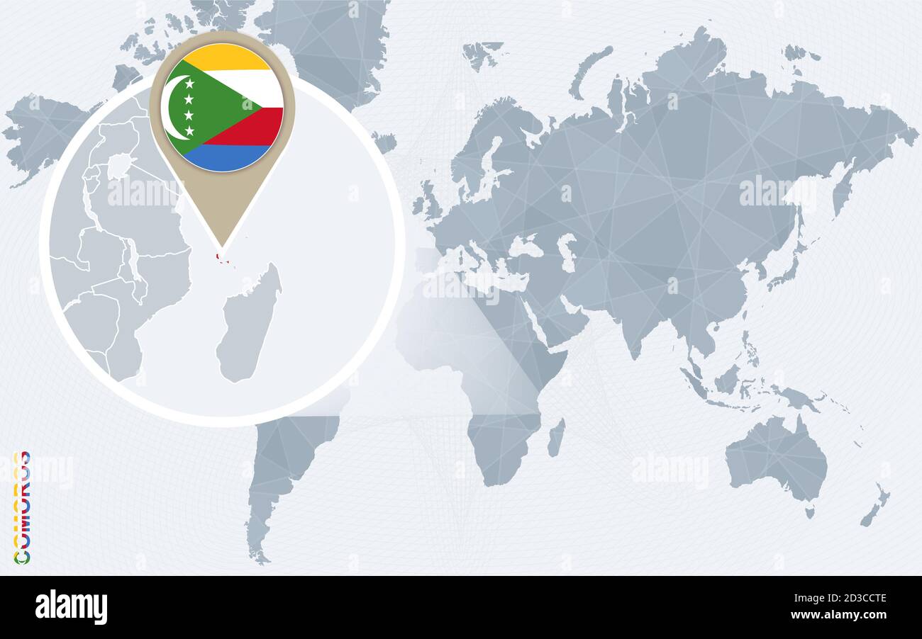 Abstract blue world map with magnified Comoros. Comoros flag and map. Vector Illustration Stock ...