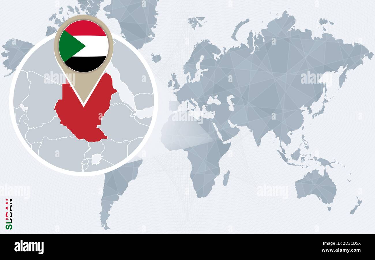 Abstract blue world map with magnified Sudan. Sudan flag and map ...