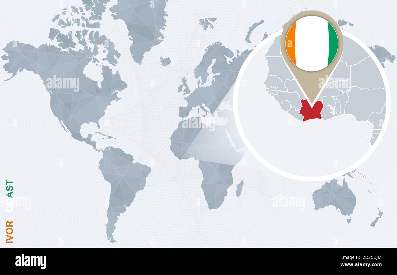Abstract blue world map with magnified Ivory Coast. Ivory Coast flag and map. Vector ...