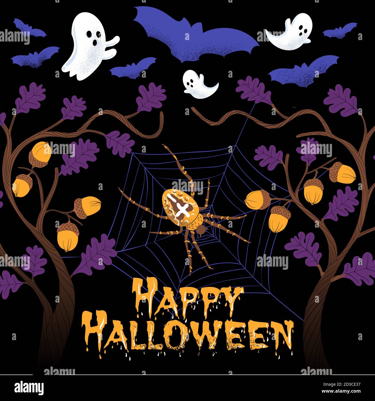 Square Happy Halloween Composition with spooky bats, ghost, spider and ...