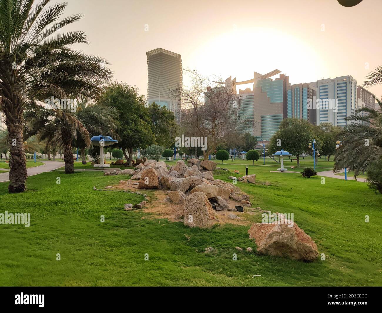 Famous Abu Dhabi city corniche park, UAE - beautiful modern park scene ...