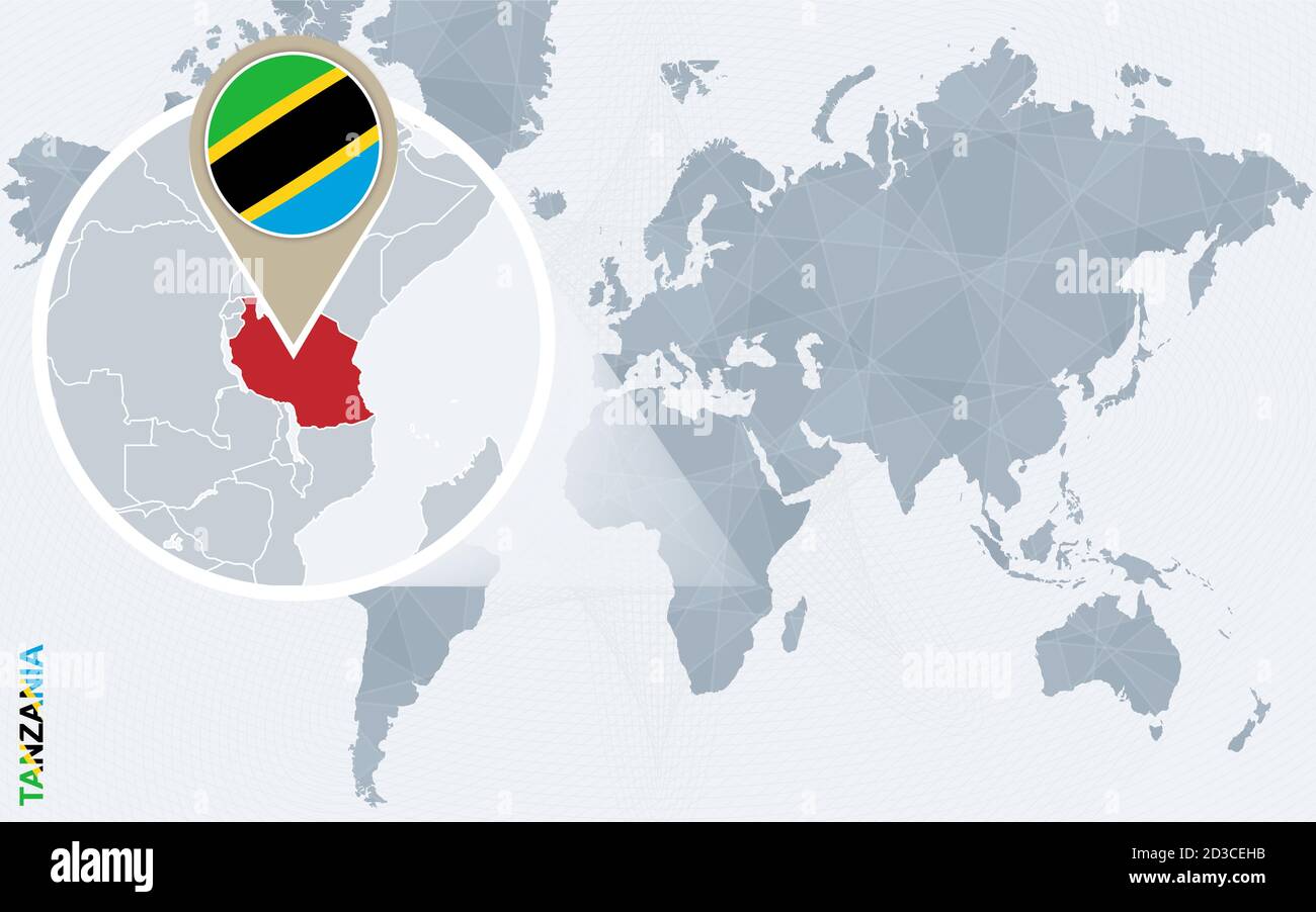 Abstract Blue World Map With Magnified Tanzania Tanzania Flag And Map