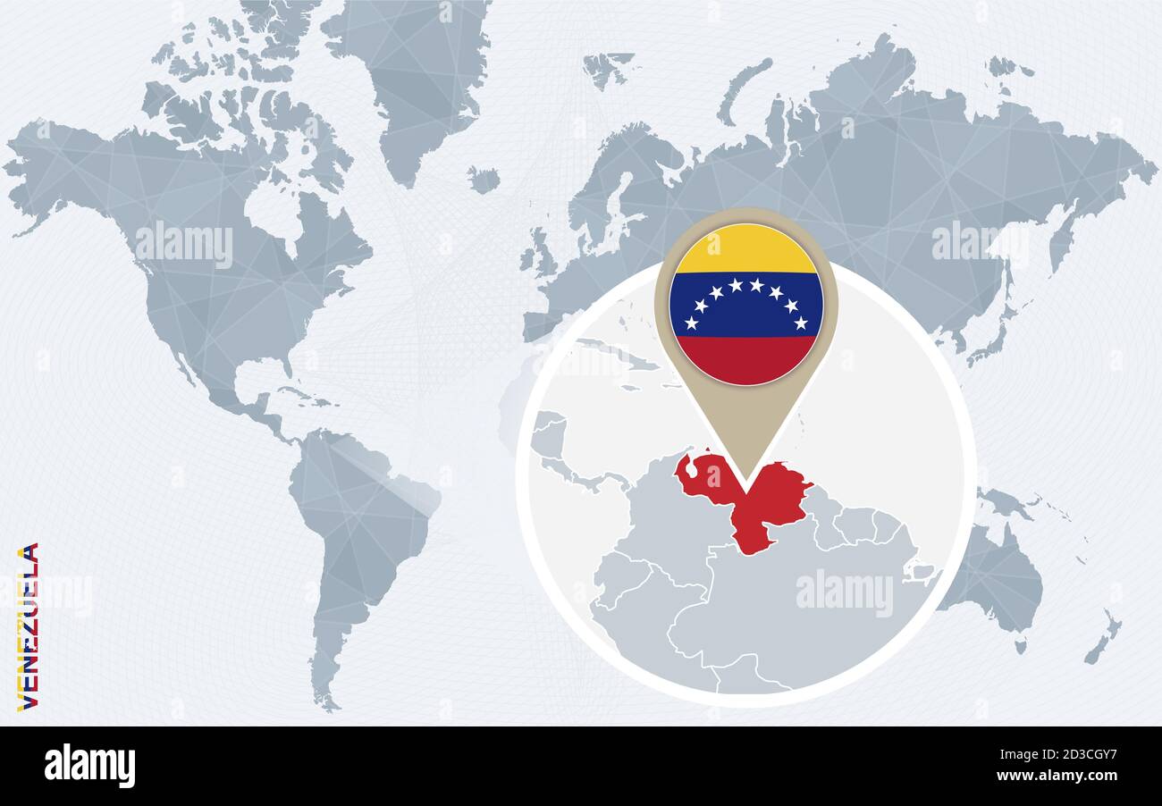 Abstract blue world map with magnified Venezuela. Venezuela flag and ...