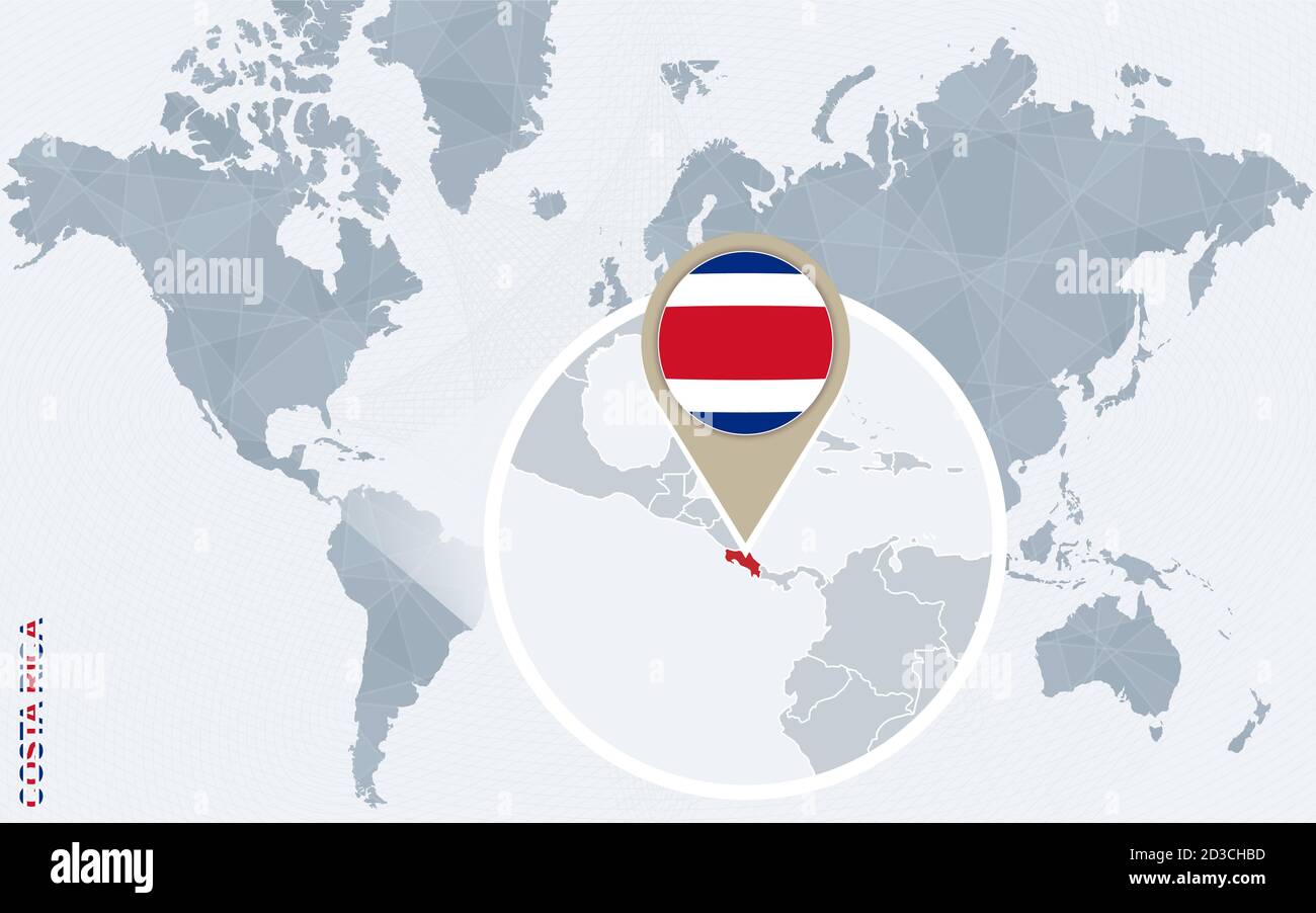 Abstract blue world map with magnified Costa Rica. Costa Rica flag and ...