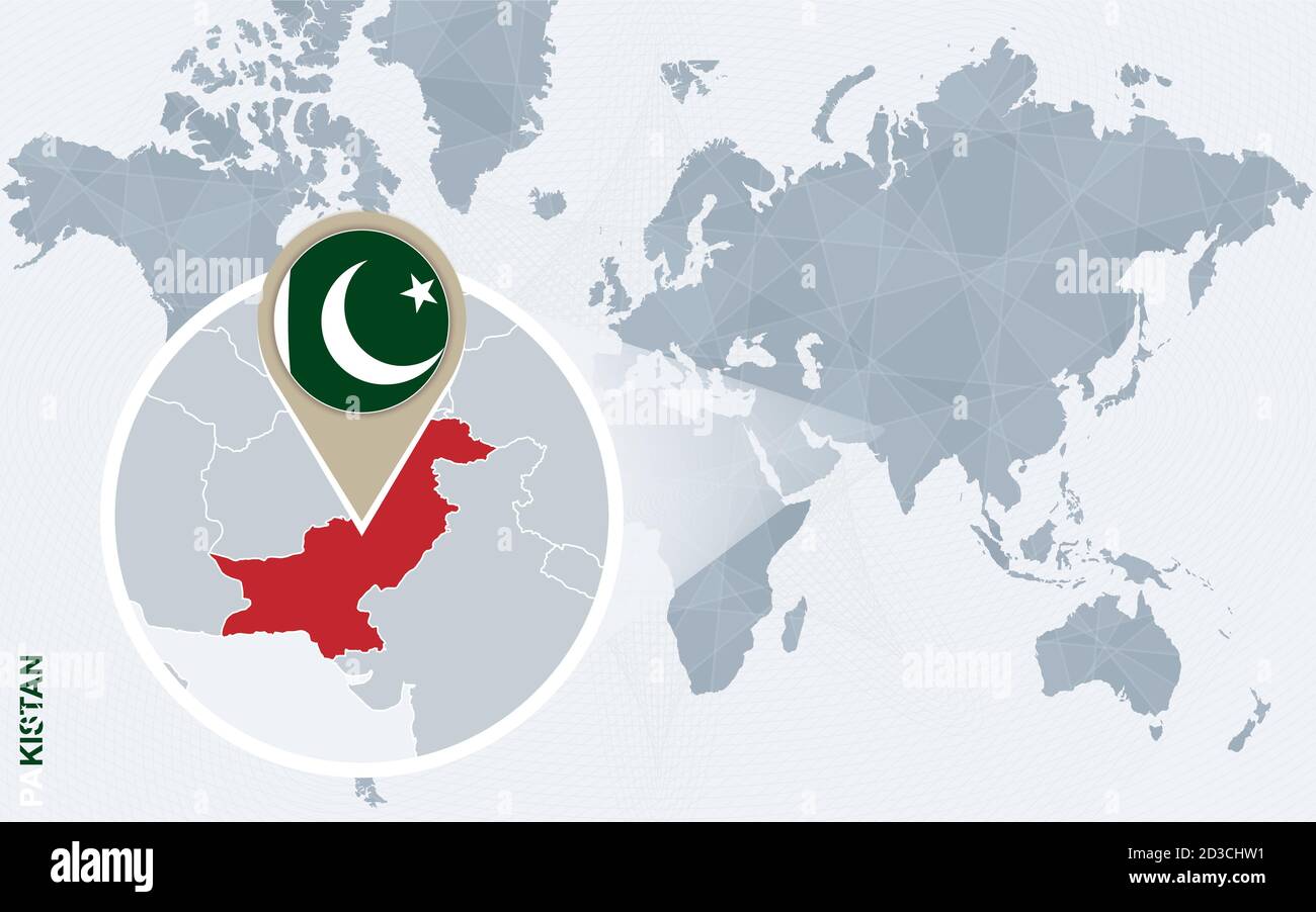 Abstract blue world map with magnified Pakistan. Pakistan flag and map ...
