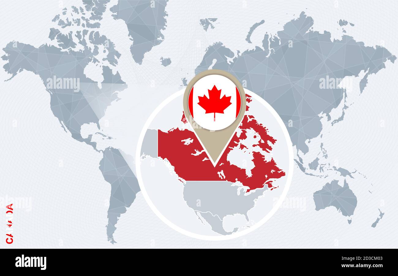Abstract blue world map with magnified Canada. Canada flag and map ...