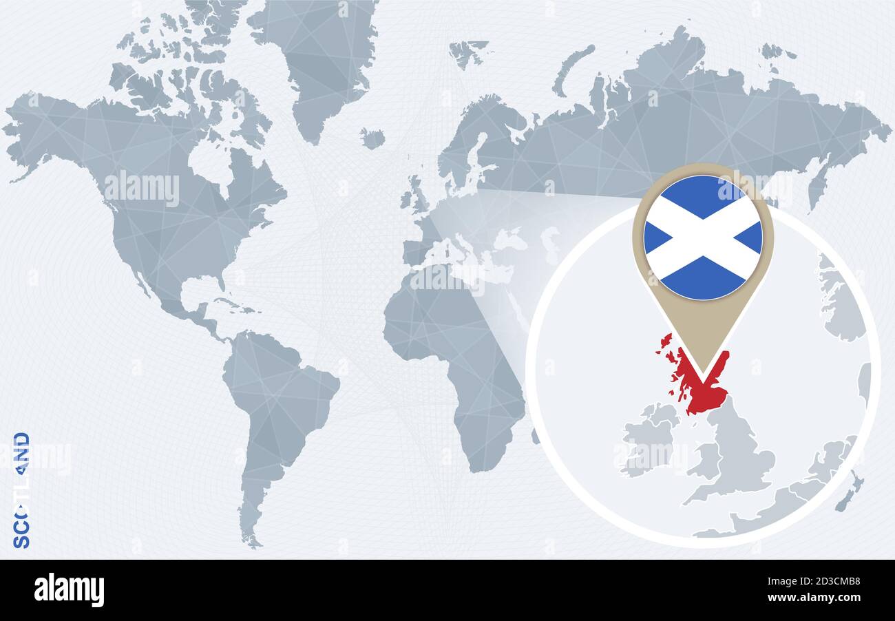 Abstract blue world map with magnified Scotland. Scotland flag and map ...
