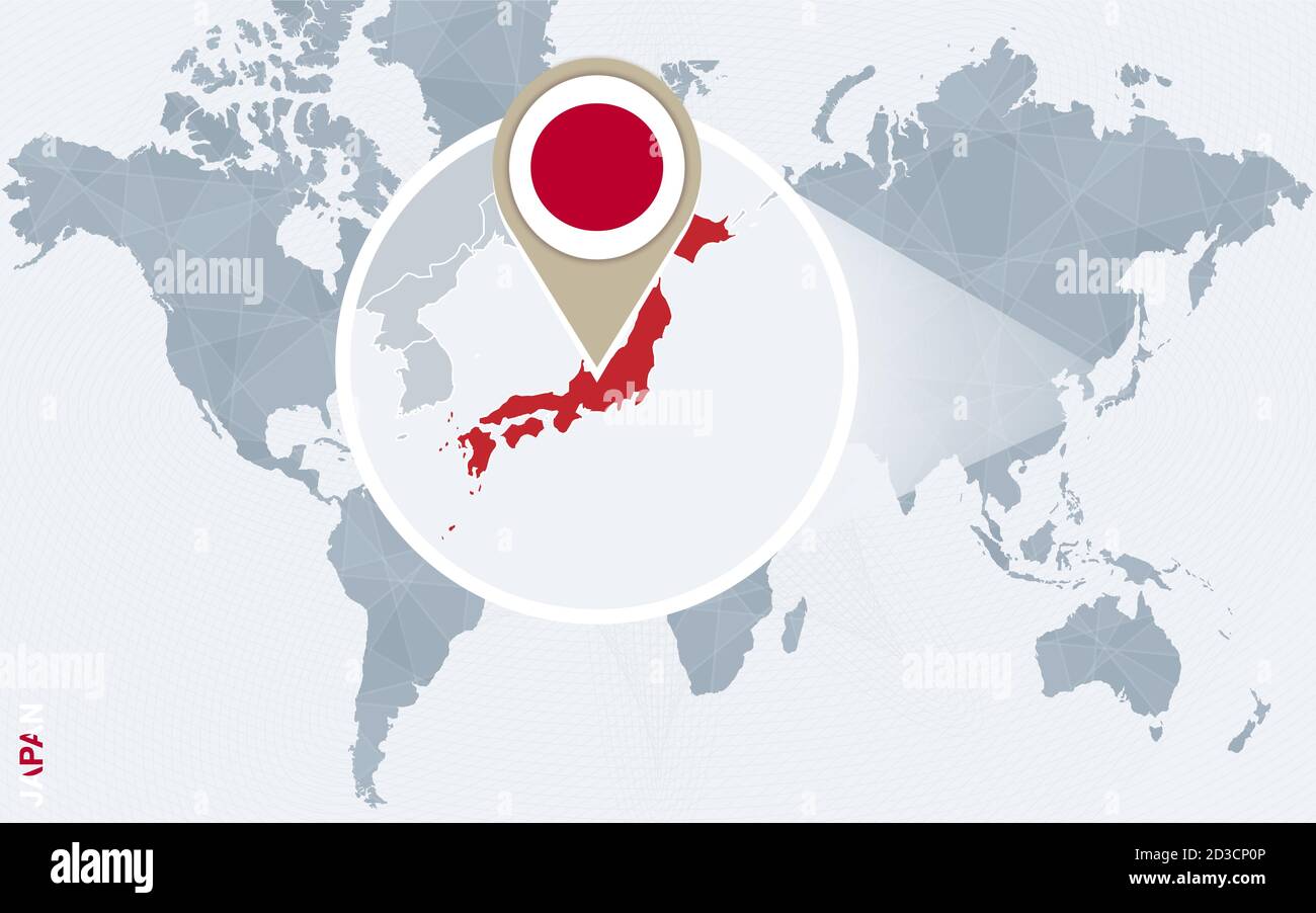 Abstract Blue World Map With Magnified Japan Japan Flag And Map