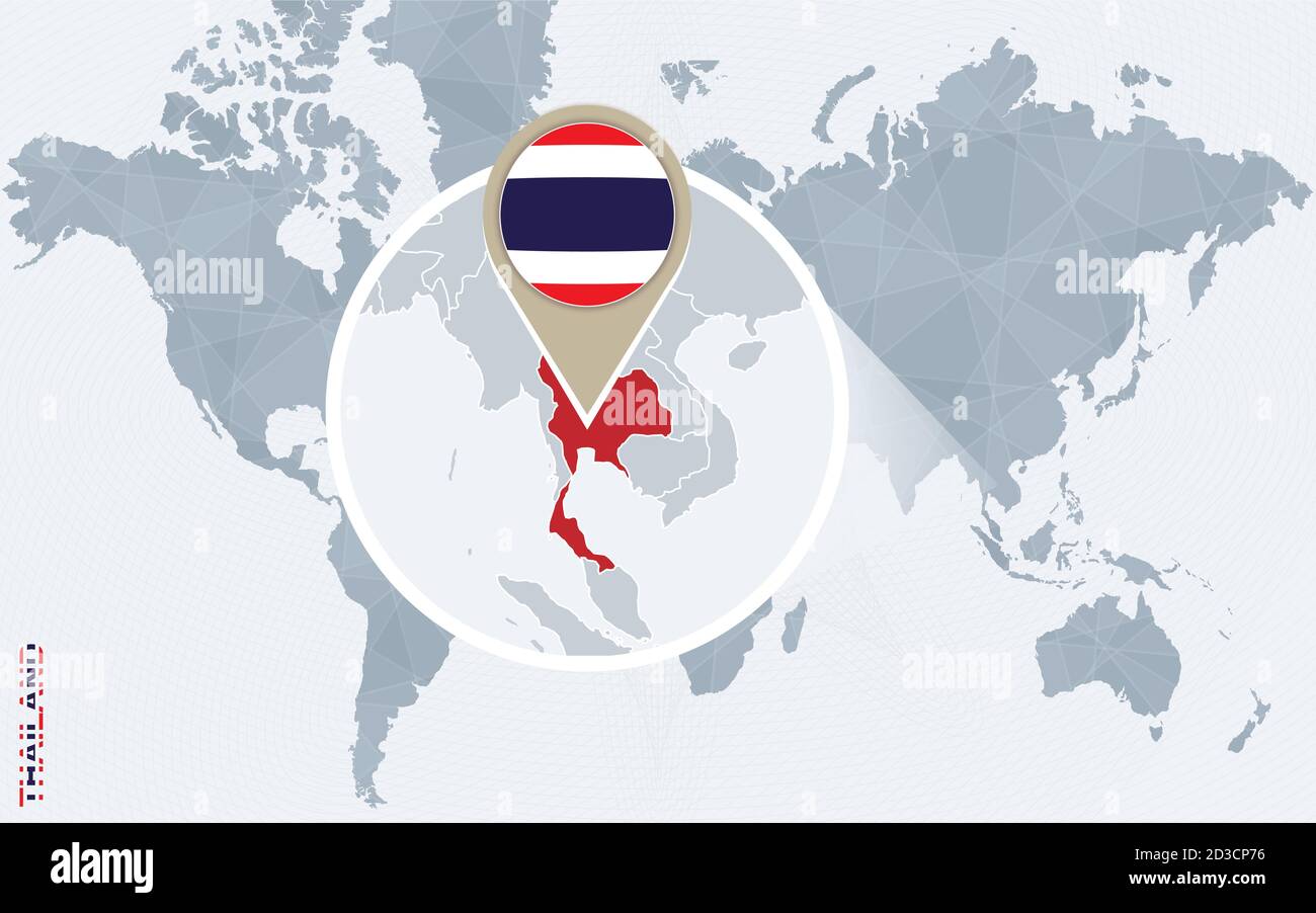 Abstract blue world map with magnified Thailand. Thailand flag and map ...