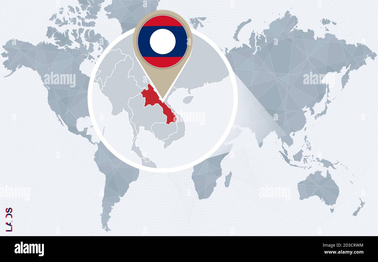 Abstract blue world map with magnified Laos. Laos flag and map. Vector Illustration Stock Vector ...